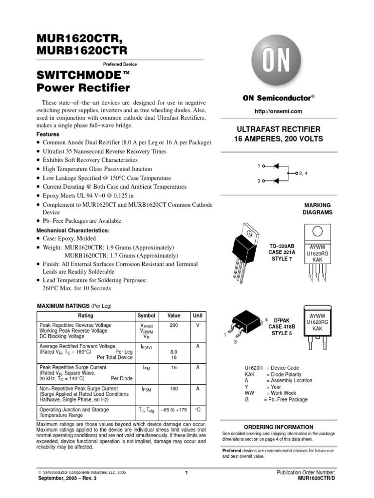 MURB1620CTRT4G 丝印U1620RG 卡特 | PDF | Rectifier | Diode