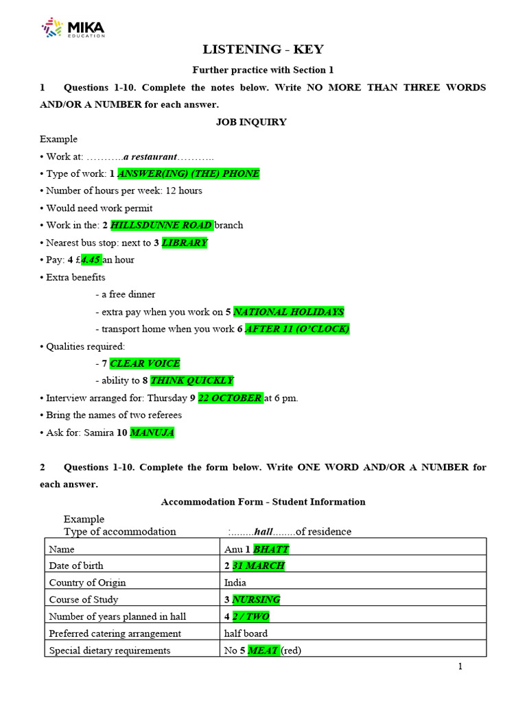 IETLS 6.5 Further Practice Section 1 KEY | PDF