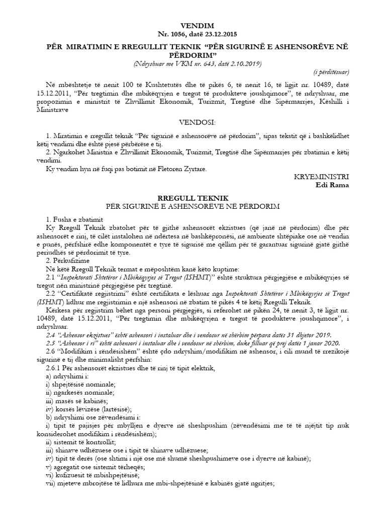 VKM - 1056 - e Përditësuar Me Nr. 643 Datë 2.10.2019 1 - ASHENSORET | PDF