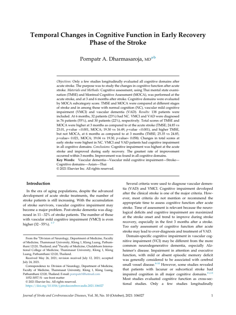 Temporal Changes in Cognitive Function in Early Recovery Phase of ...