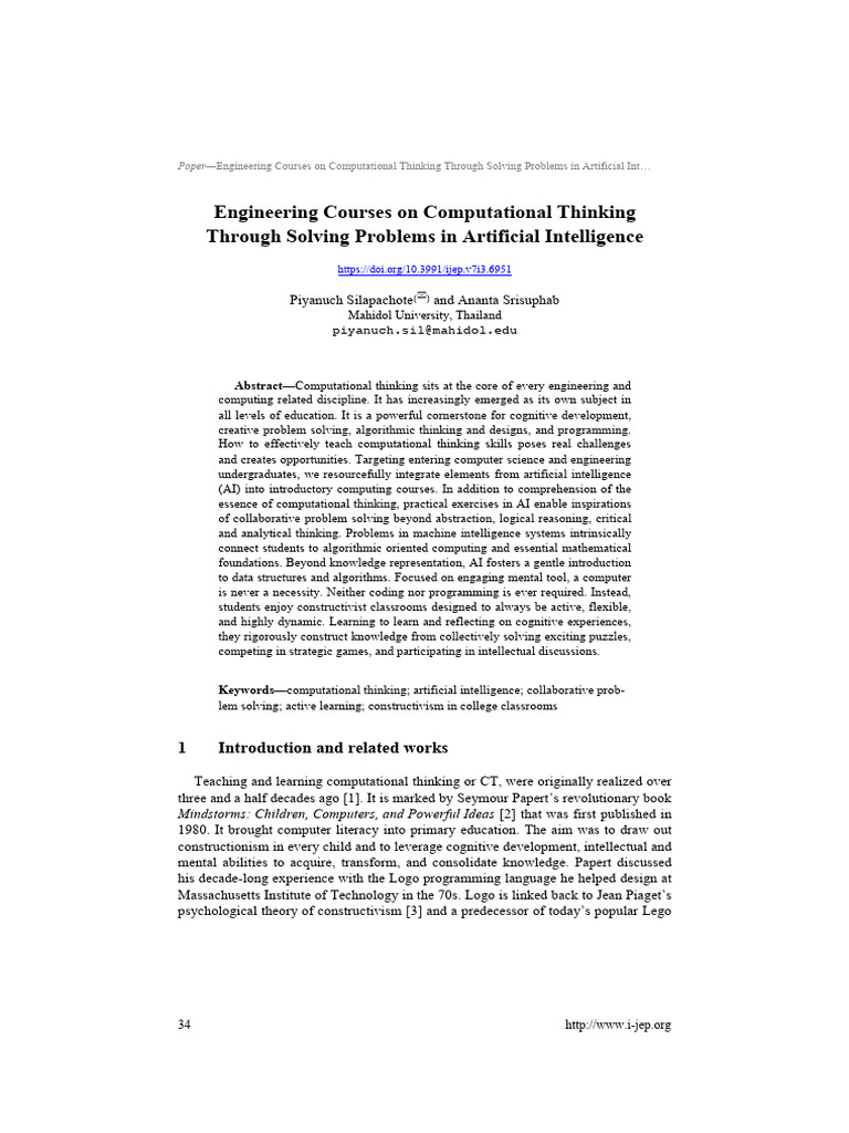 Engineering Courses On Computational Thinking Through Solving Problems in Artificial ...