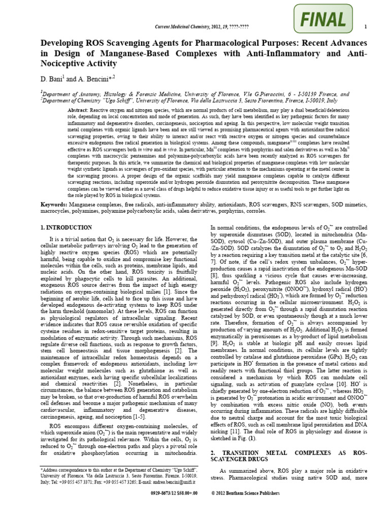 CMCBani-Bencini2012 | PDF | Reactive Oxygen Species | Coordination Complex
