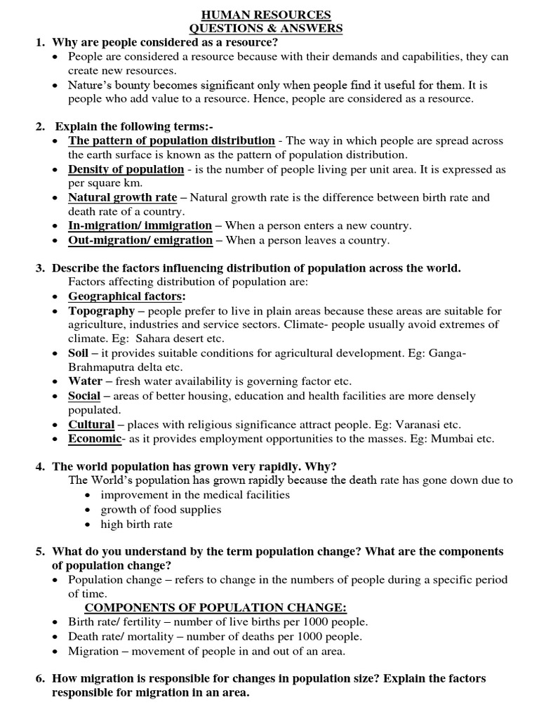 Geography-Human Resources (Q-Ans) | PDF | Human Migration | Population