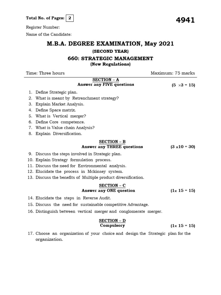 660 strategic management question paper | Download Free PDF | Strategic ...