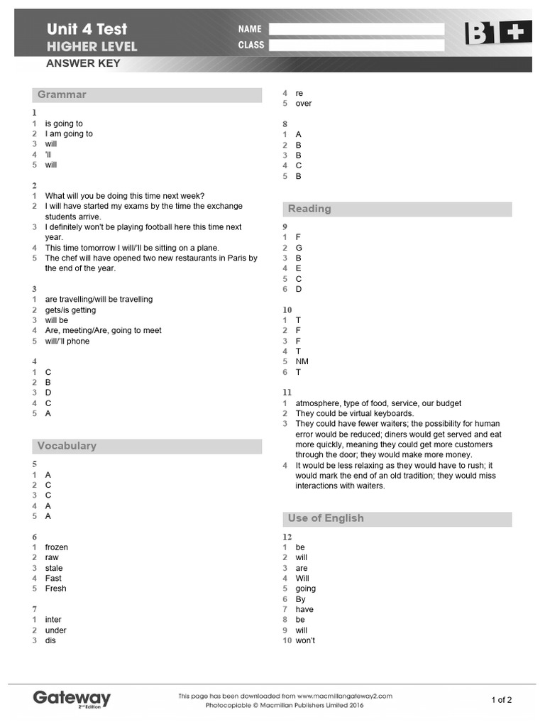B1+ UNIT 4 Test Answer Key Higher | PDF | Waiting Staff | Human ...