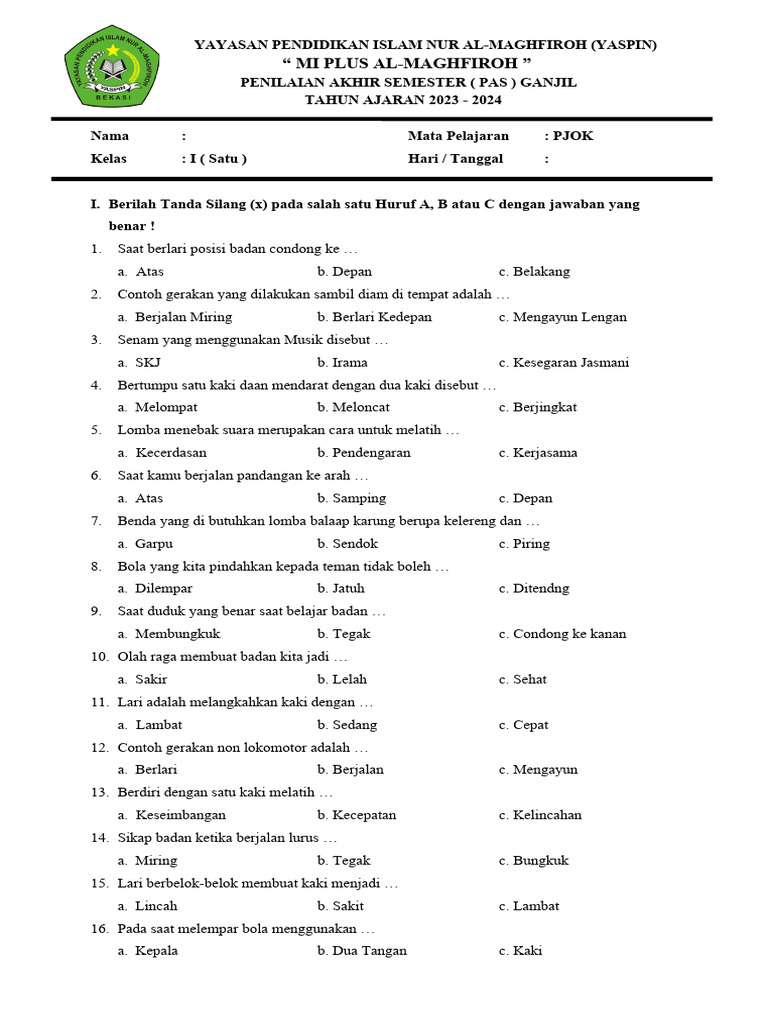 Kop Soal PTS PJOK Kelas 1 | PDF