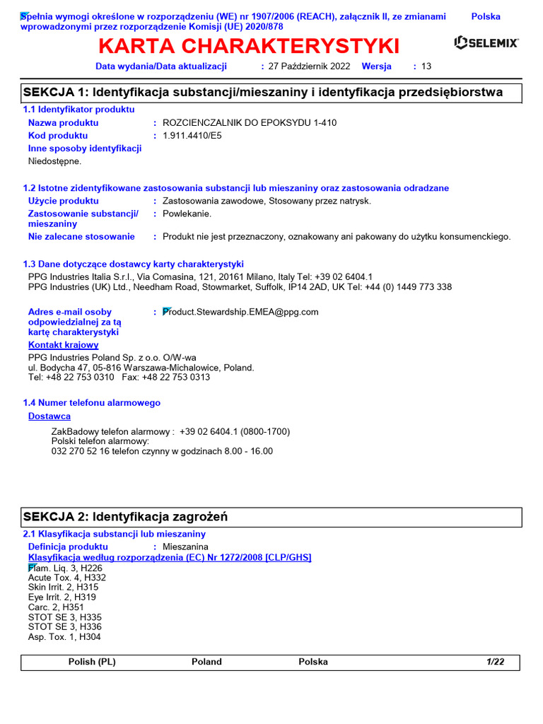 Karta Charakterystyki: SEKCJA 1: Identyfikacja Substancji/mieszaniny I Identyfikacja ...