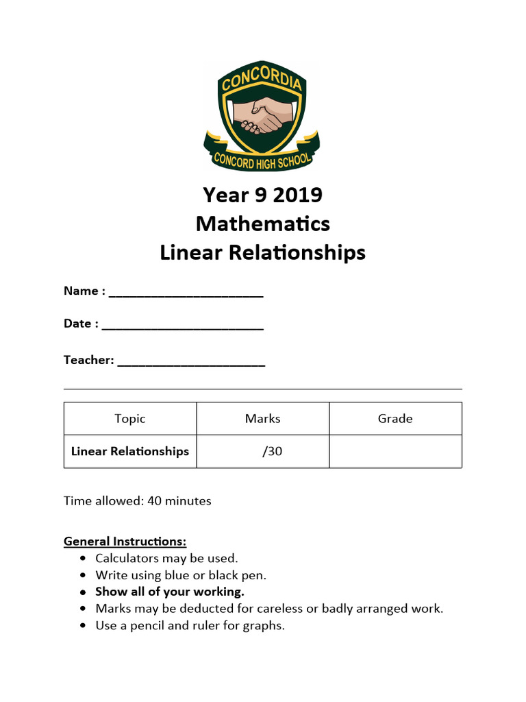 2019 - Y9 - Linear Relationships - Topic Test | PDF | Cartesian ...