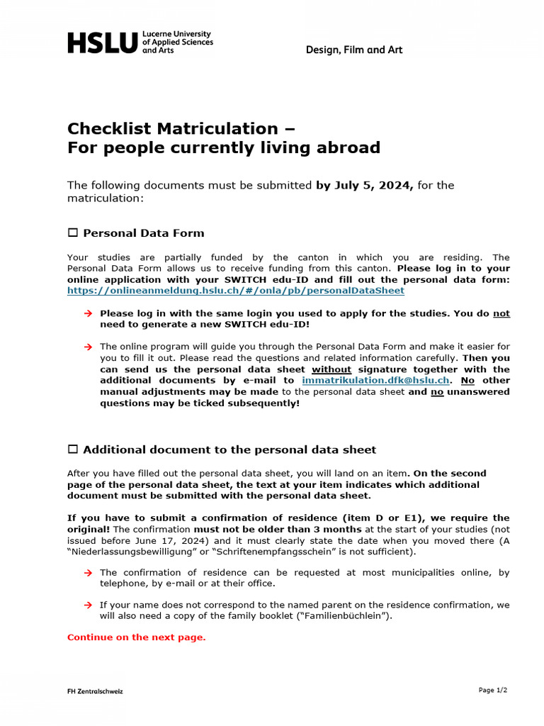 For People Currently Living Abroad - Checklist Matriculation 2024 | PDF