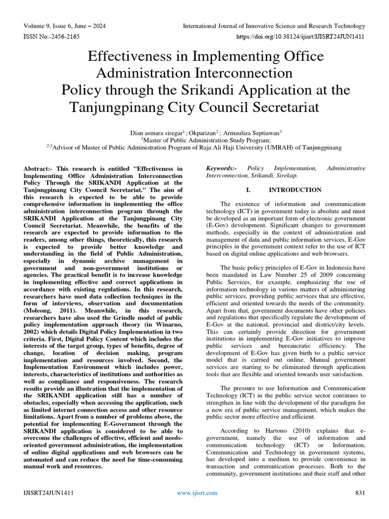 Effectiveness in Implementing Office Administration Interconnection Policy Through The Srikandi ...