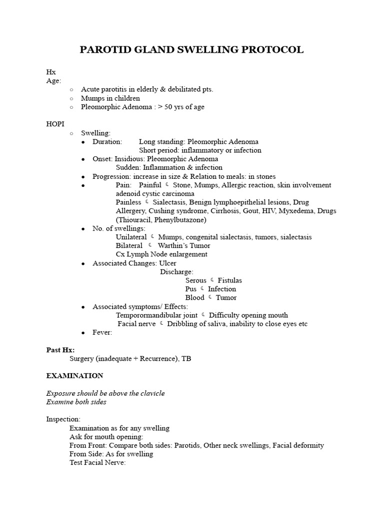 Parotid Gland Swelling Protocol | PDF | Causes Of Death | Clinical Medicine