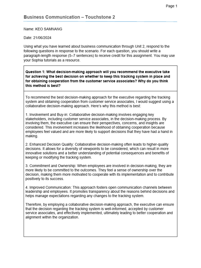 Bus Comm Touchstone 2 KEO SAMNANG | PDF | Communication | Competitive Advantage