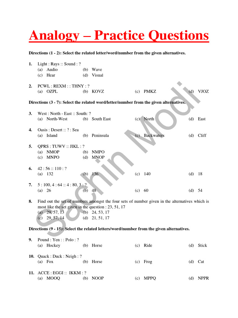 Analogy Practice Questions by Sachin Modi Sir | PDF