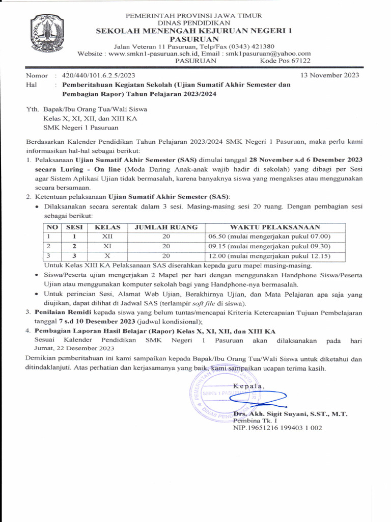 Surat Pemberitahuan Kegiatan Sekolah SAS Ganjil TP 2023-2024 | PDF