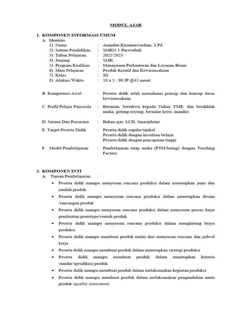 Modul Ajar Pkwu KLS Xi SMT Ganjil | PDF | Karier & Perkembangan