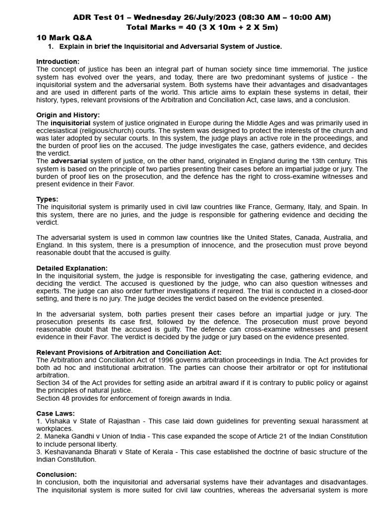 ADR Test 1 | PDF | Alternative Dispute Resolution | Arbitration