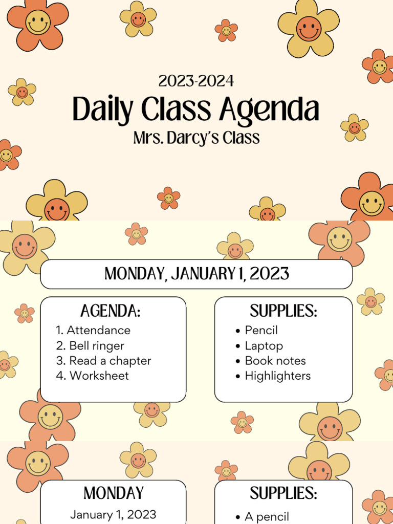 Orange and Yellow Retro Flower Power Daily Class Agenda Template | PDF