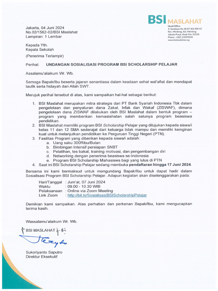 Surat Undangan Sosialisasi Program BSI Scholarship Pelajar | PDF