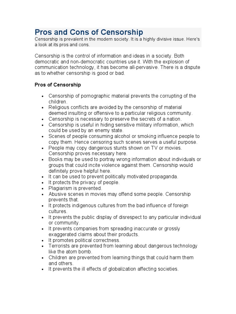 Pros and Cons of Censorship | PDF | Censorship | Violence