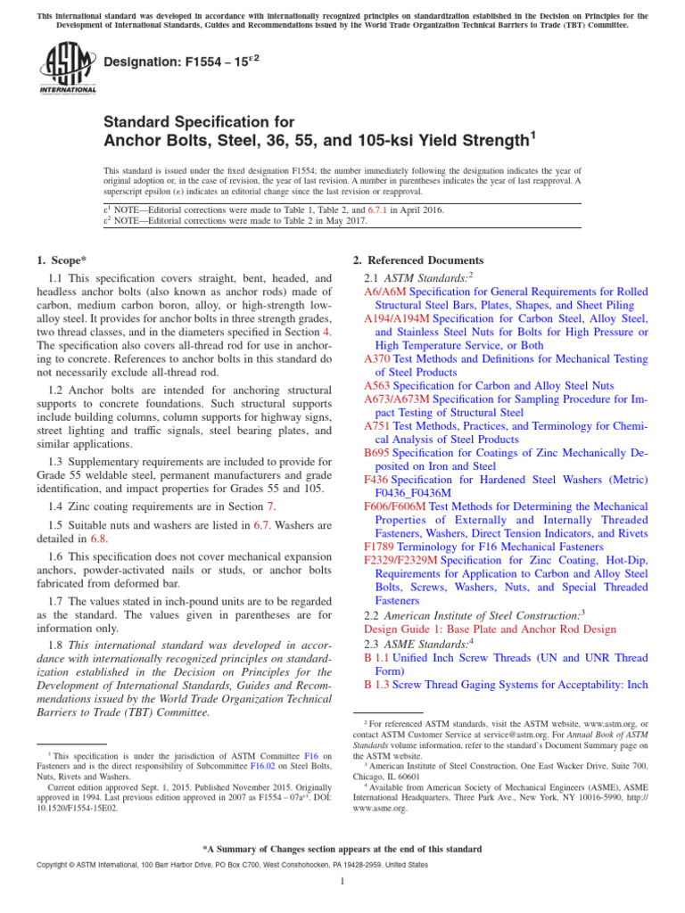 Anchor Bolts, Steel, 36, 55, and 105-Ksi Yield Strength: Standard ...