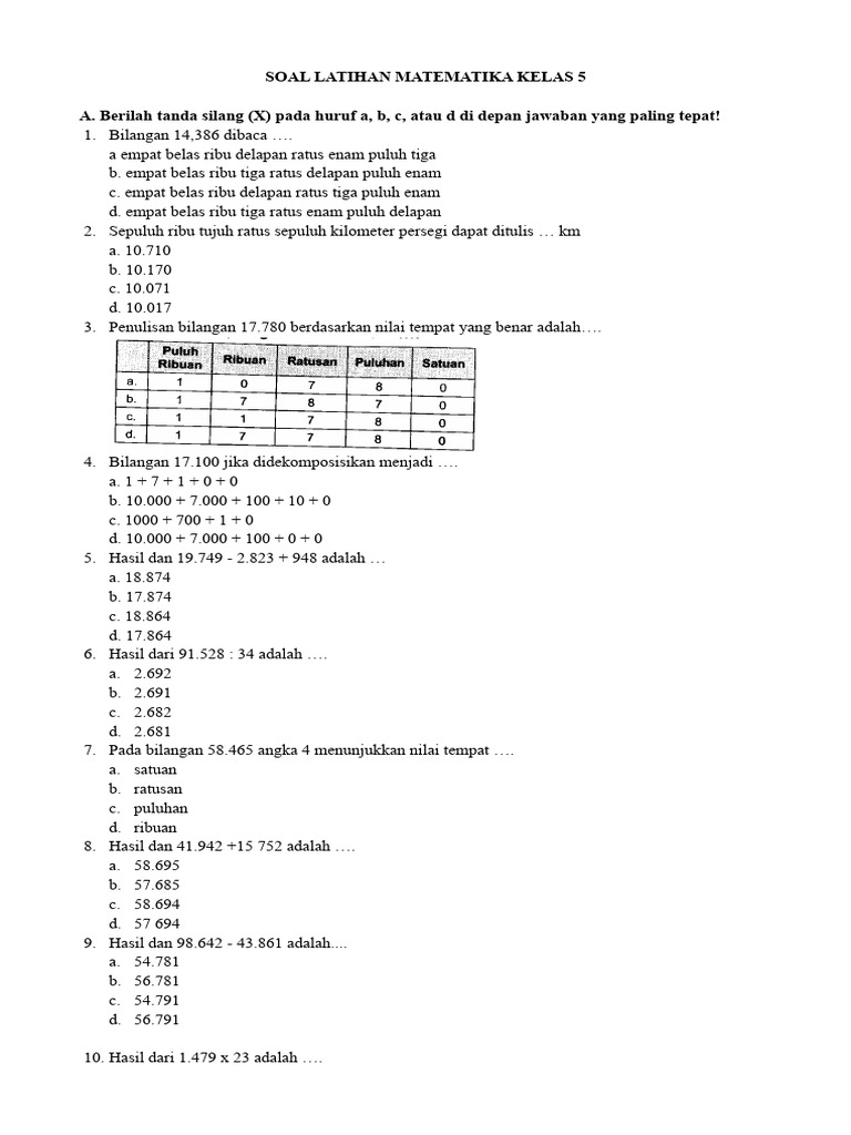 Soal Latihan Matematika Kelas 5 Bab 1 Bil. Cacah | PDF