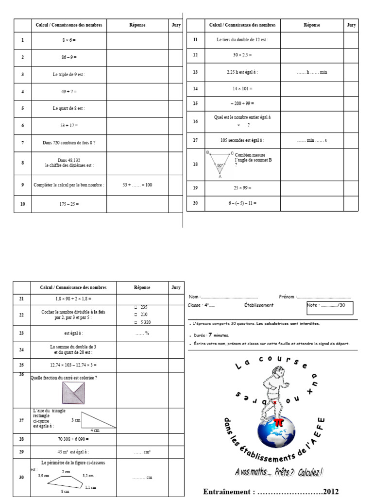 Course aux Nombres 2025 : Évaluation 4ème | PDF