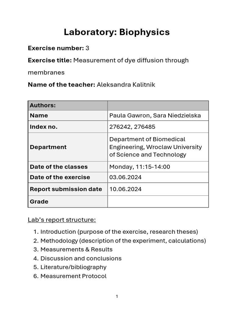 Biophysics - Raport 2 | PDF | Diffusion | Membrane