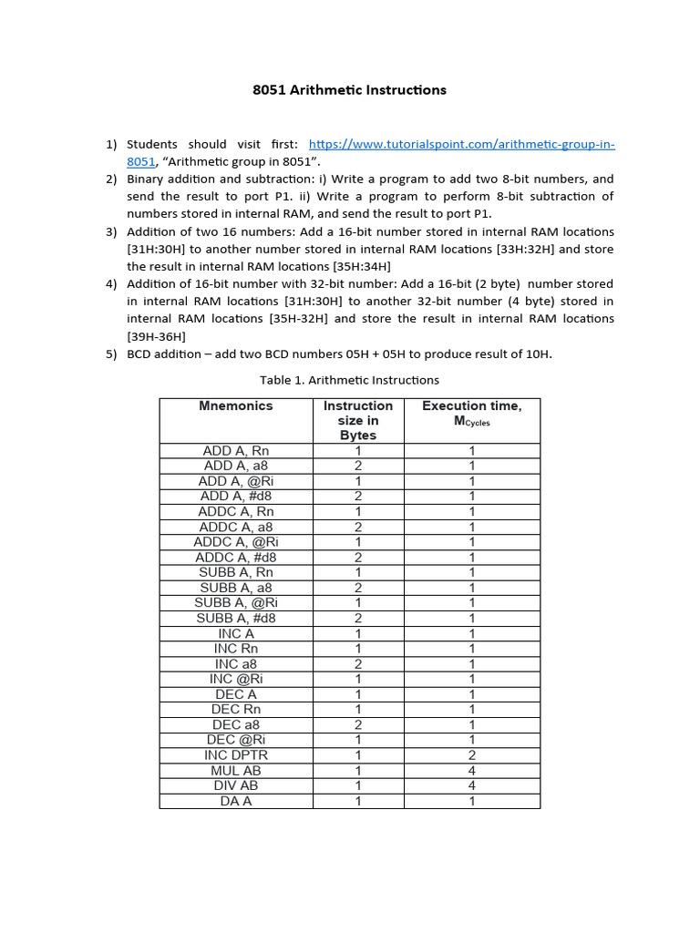 8051 Arithmetic Instructions | PDF | Computer Data | Office Equipment