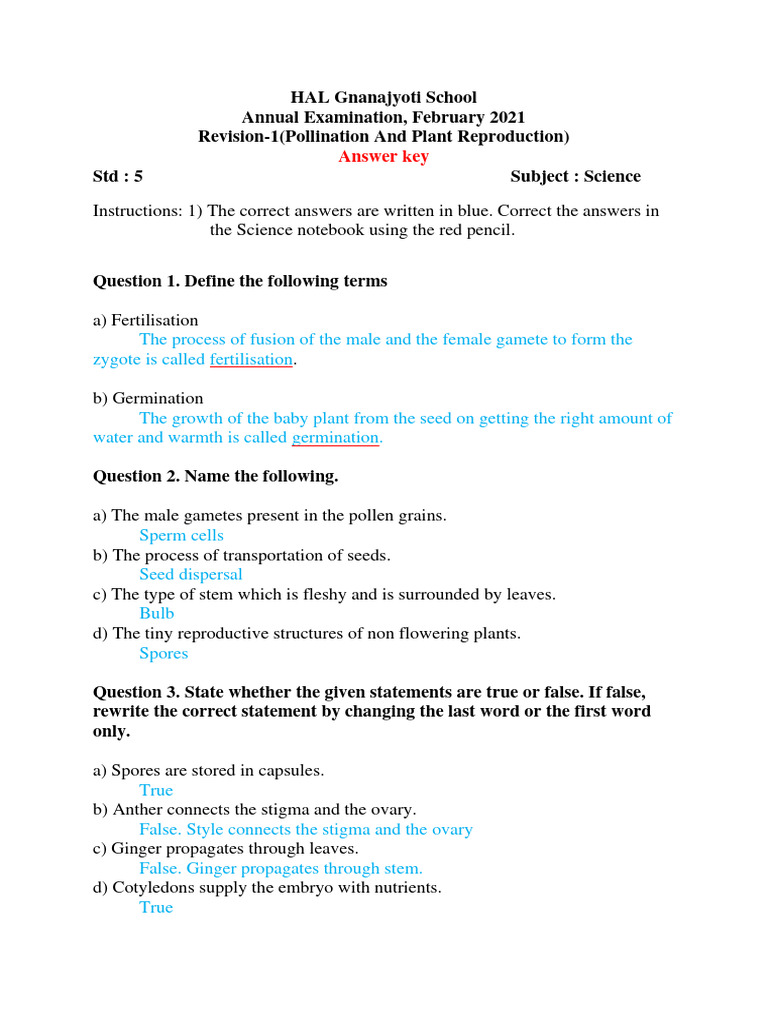 Std 5 Plant Reproduction Exam Answers | PDF | Seed | Flowers