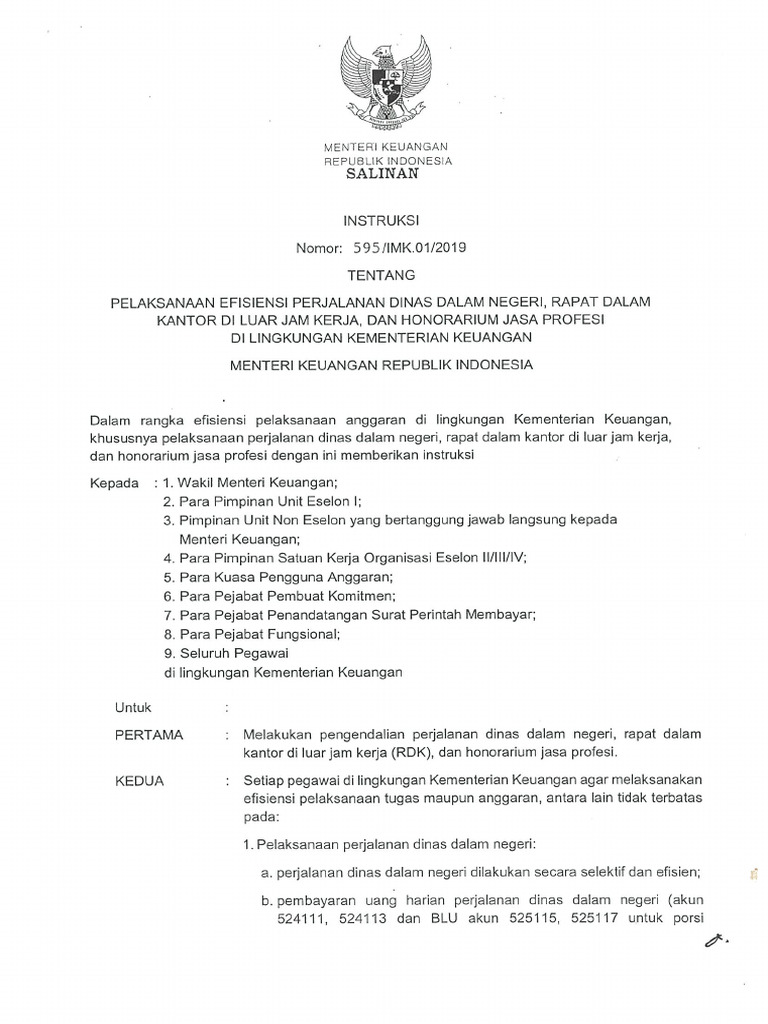 Instruksi Menteri Keuangan No.595/IMK.01/2019 Pelaksanaan Efisiensi ... Instruksi Menteri Keuangan No.595/IMK.01/2019 Pelaksanaan Efisiensi ...