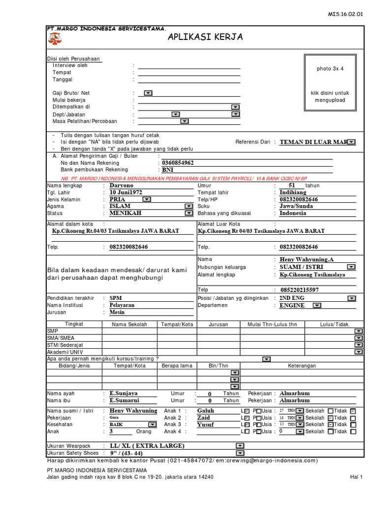 Formulir Aplikasi Kerja Margo Indonesia | PDF