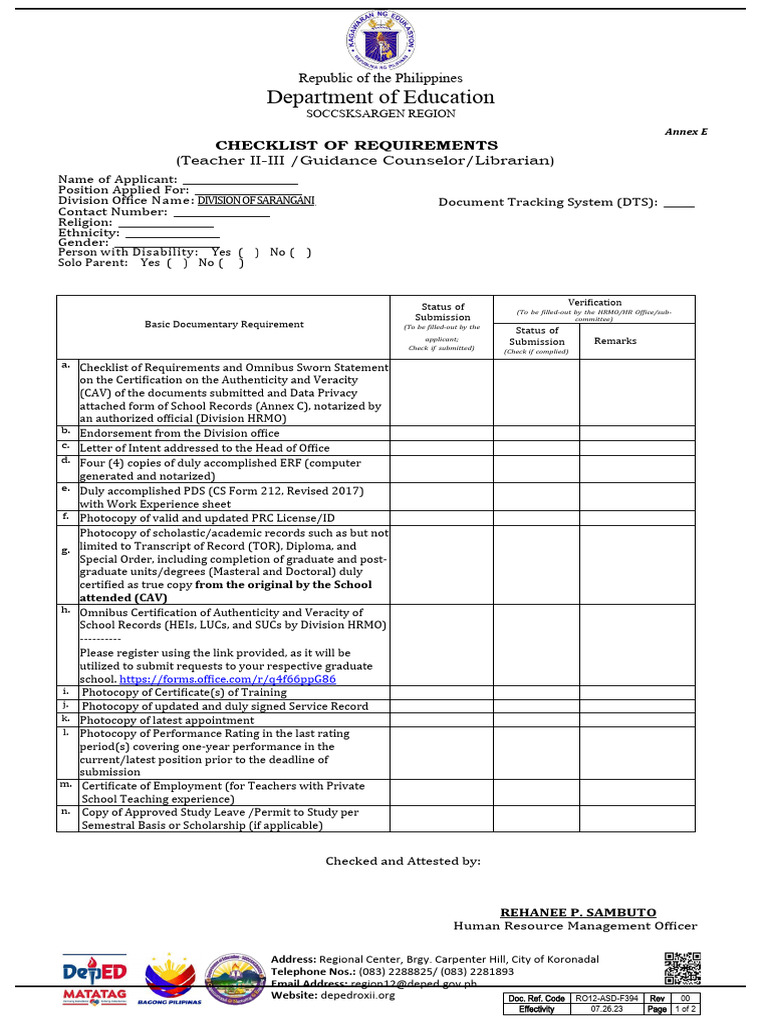 DepEd Teacher Reclassification Checklist | PDF