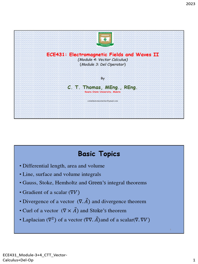 Module3&4 ECE431 2021-2022 vector-calculus+Del-Op | PDF | Divergence | Flux