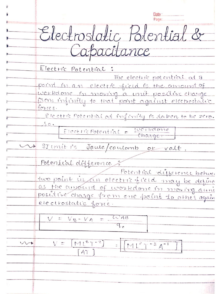 Electrostatic Potential and Capacitance Notes PDF | PDF