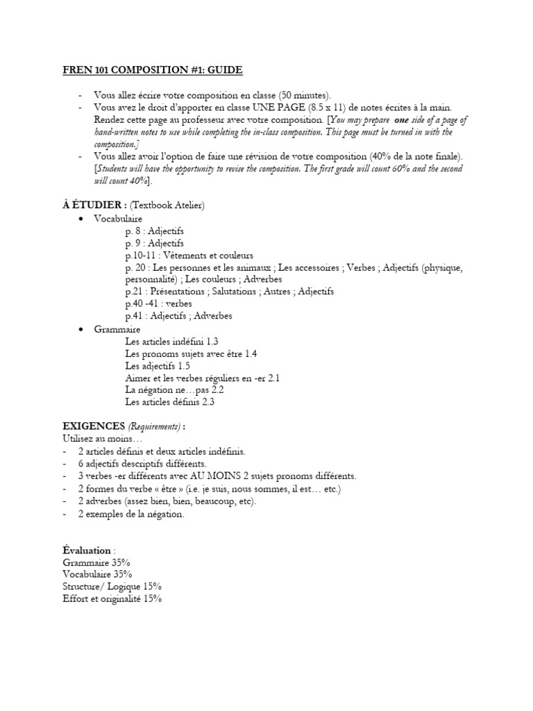 Guide de Composition FREN 101 | PDF | Phrase | Langues