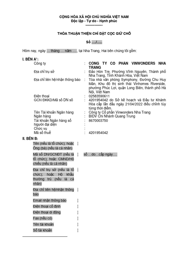 Thoa Thuan Dat Coc Giu Cho (VN) | PDF