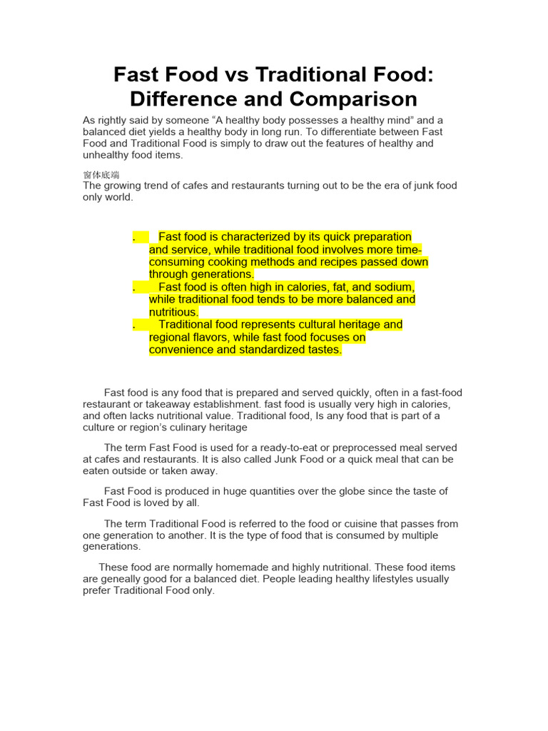 Fast Food vs Traditional Food Comparison | PDF | Fast Food | Foods