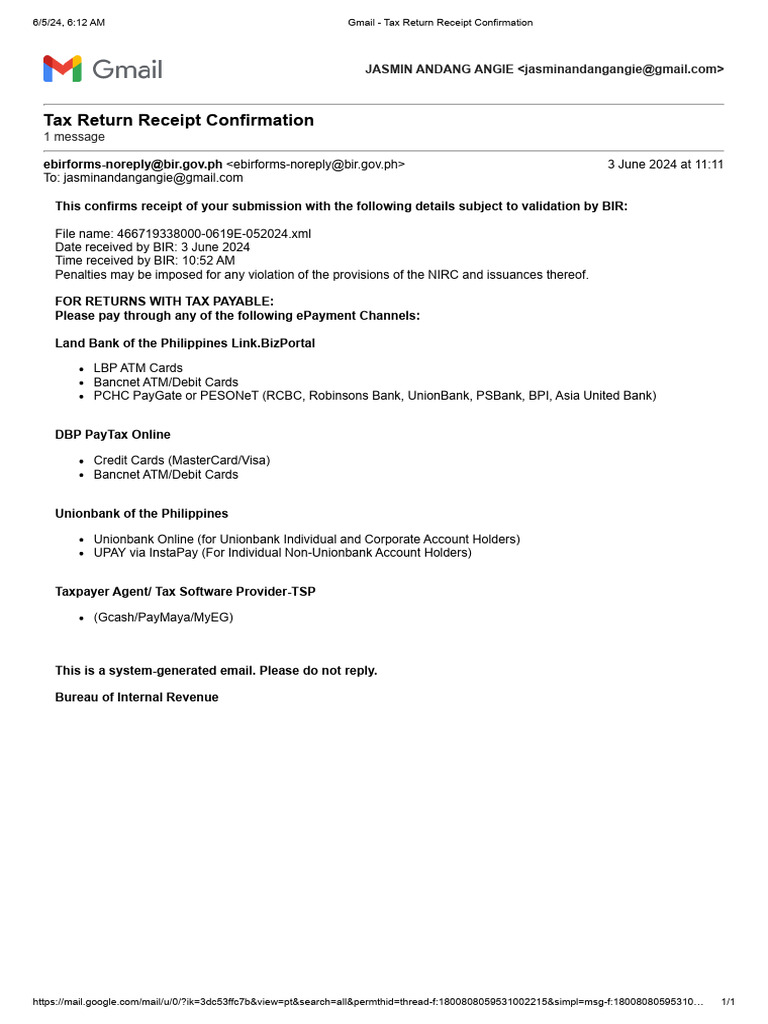 Sample Tax Return Receipt Confirmation - 0619E May 2024 | PDF