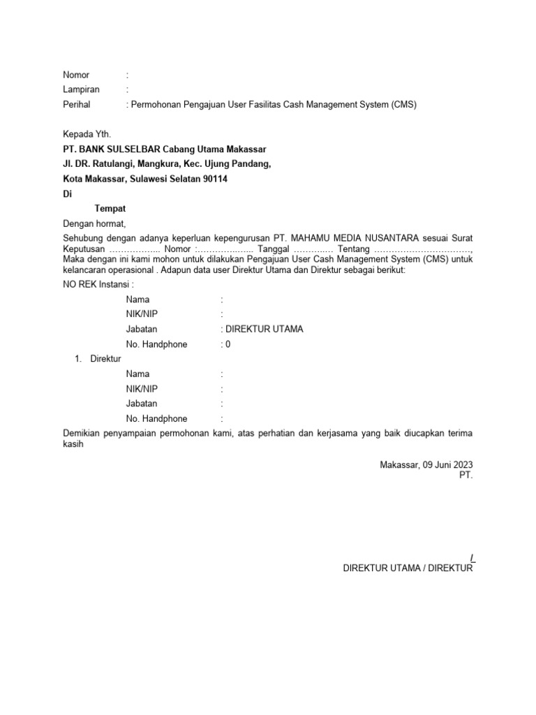Permohonan User CMS Bank Sulsel | PDF