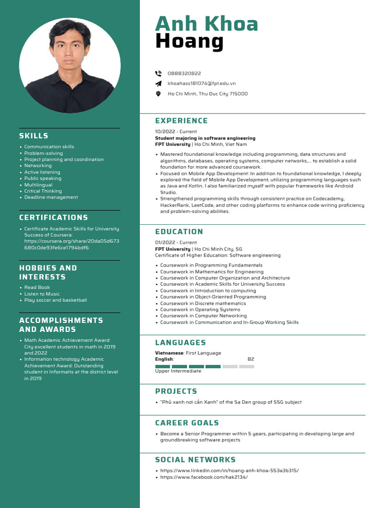 CV_HoangAnhKhoa (Bản Thử) | PDF | Computer Programming | Computer Science