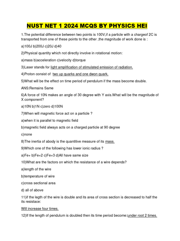 NUST NET 2024 Physics MCQs Guide | PDF