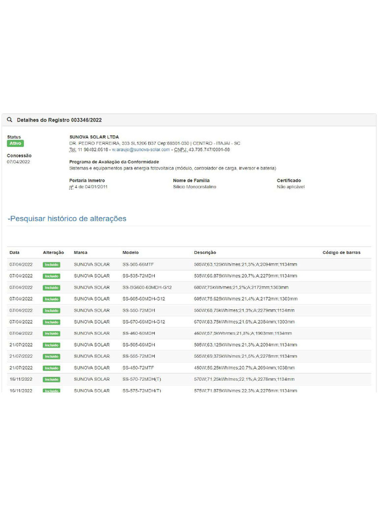 Registro Inmetro Sunova 585W | PDF