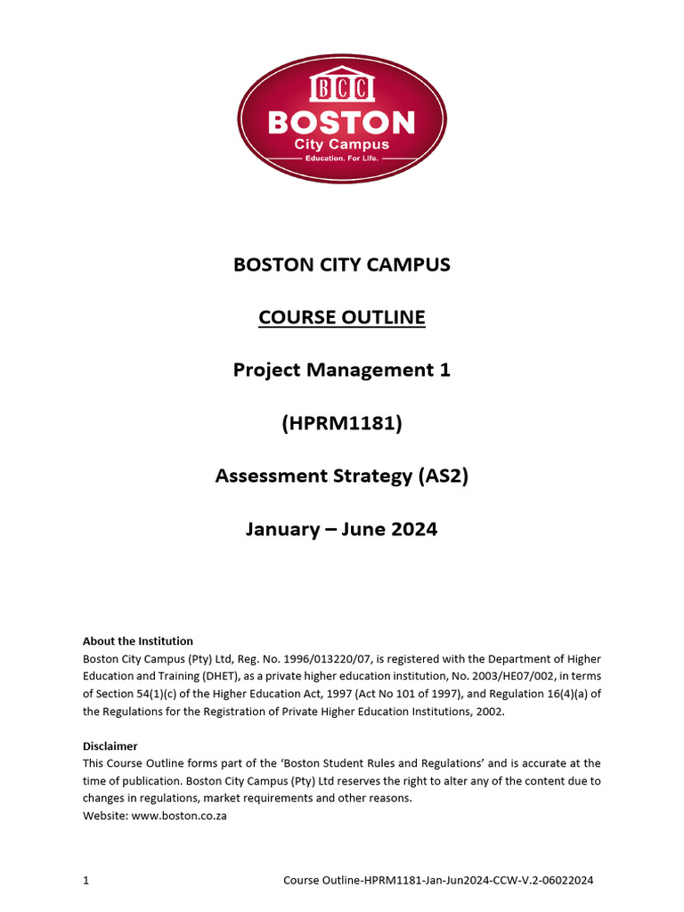 Project Management Course Outline 2024 | PDF | Educational Assessment ...
