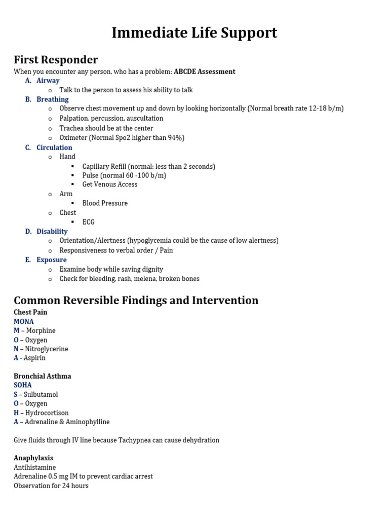 Immediate Life Support Summary | PDF | Cardiopulmonary Resuscitation | Physiology