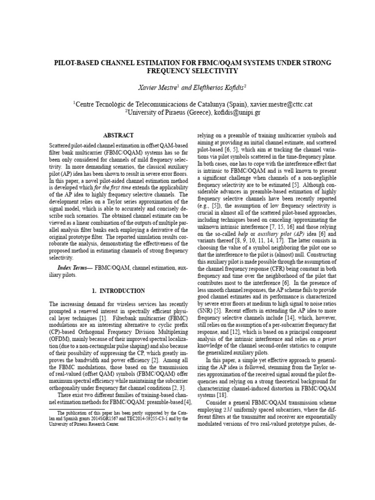 Pilot-Based Channel Estimation For FBMC | PDF | Orthogonal Frequency Division Multiplexing ...