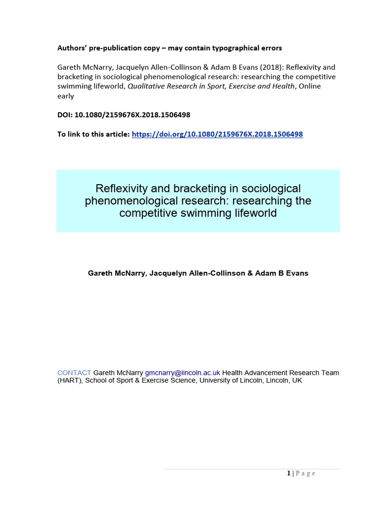 Allen Collinson - Reflexity | PDF | Phenomenology (Philosophy) | Experience