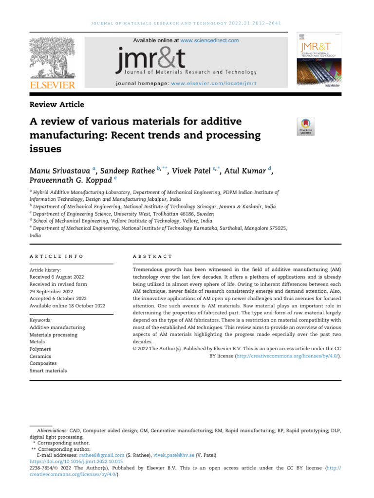 A Review Of Various Materials For Additive Manufacturing Recent Trends And Processing Issues