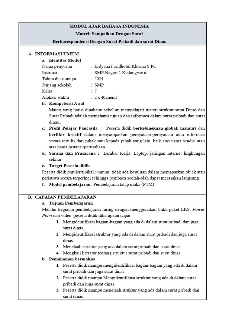 MODUL AJAR B IND - Struktur Surat ERDYANA | PDF