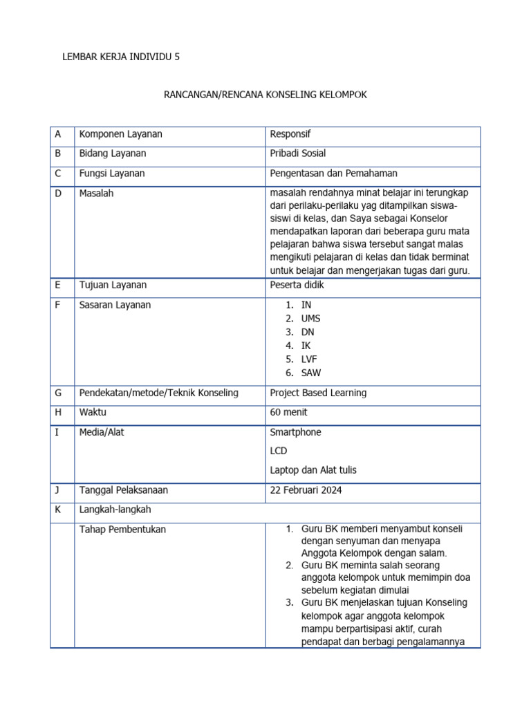 Aksi Nyata LEMBAR KERJA INDIVIDU 5 RPL Konseling Kelompok | PDF