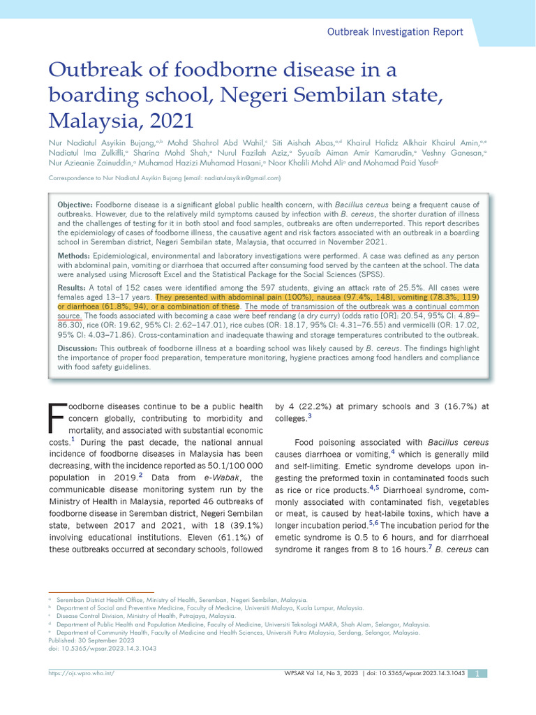 Foodborne Outbreak in Malaysian School | PDF | Foodborne Illness ...